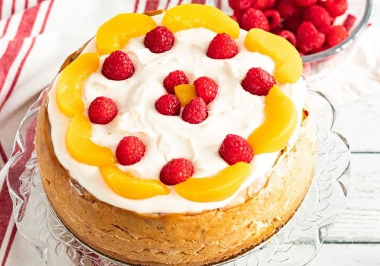 Instant Pot Raspberry Peach Cheesecake • Bake Me Some Sugar